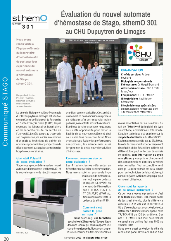 Evaluation du nouvel automate d'hémostase de Stago, sthemO 301 au CHU ...